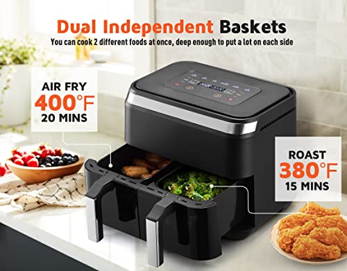 DyBaxa 10Qt 6-in-1 Dual Basket Air Fryer, 2 Independent Air Fry Baskets, ClearCook Windows, Easy-to-Control Panel, Roast Broil Dehydrate&More for Quick & Easy Meals, Nonstick & Dishwasher-Safe Basket