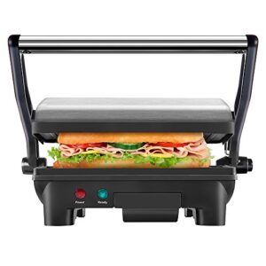 new house kitchen stainless steel non-stick panini press grill & gourmet sandwich maker with removable drip tray and 180 degree opening function