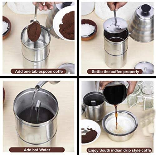 KERAM south indian coffee drip maker-permanent/reusable phin filter for 3-4 serving cup 6.6 Oz(200 ml) made of metal SS 304 food grade camping/travelling small decoction dripper maker,Silver, CDM-200