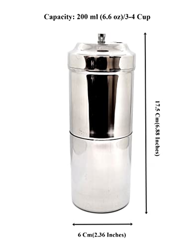 KERAM south indian coffee drip maker-permanent/reusable phin filter for 3-4 serving cup 6.6 Oz(200 ml) made of metal SS 304 food grade camping/travelling small decoction dripper maker,Silver, CDM-200