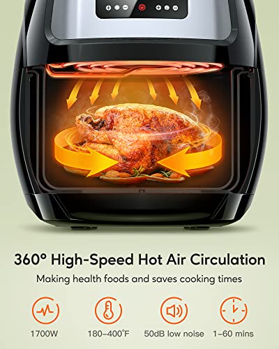 Famiworths Air Fryer, 8.9 Quart Large Electric Hot Air Fryer Oilless Cooker, Digital Touchscreen with 8 Presets, Preheat, Timer & Temperature Control, Non-stick Liner and Frying Basket, Cooking Tongs