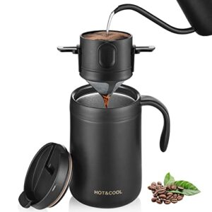 tebicoo 16oz camping coffee maker pour over coffee maker set with stainless steel coffee mug + collapsible pour over coffee filter – for travel camping offices backpacking