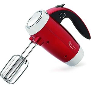 Betty Crocker 7 Speed Hand Mixer with Stand with Chrome Beater and Hooks, Metallic Red, BC-2208CMR, 6.06*8.66*6.65