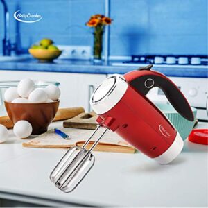 Betty Crocker 7 Speed Hand Mixer with Stand with Chrome Beater and Hooks, Metallic Red, BC-2208CMR, 6.06*8.66*6.65