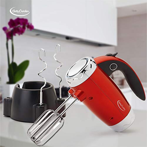 Betty Crocker 7 Speed Hand Mixer with Stand with Chrome Beater and Hooks, Metallic Red, BC-2208CMR, 6.06*8.66*6.65