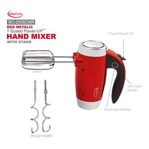 Betty Crocker 7 Speed Hand Mixer with Stand with Chrome Beater and Hooks, Metallic Red, BC-2208CMR, 6.06*8.66*6.65