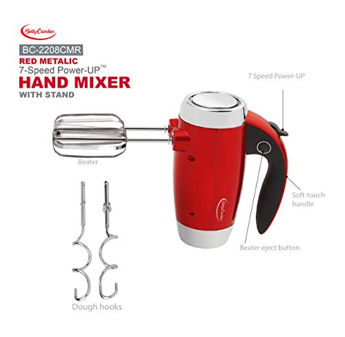 Betty Crocker 7 Speed Hand Mixer with Stand with Chrome Beater and Hooks, Metallic Red, BC-2208CMR, 6.06*8.66*6.65