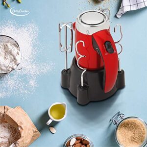 Betty Crocker 7 Speed Hand Mixer with Stand with Chrome Beater and Hooks, Metallic Red, BC-2208CMR, 6.06*8.66*6.65