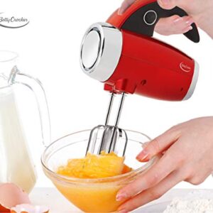 Betty Crocker 7 Speed Hand Mixer with Stand with Chrome Beater and Hooks, Metallic Red, BC-2208CMR, 6.06*8.66*6.65