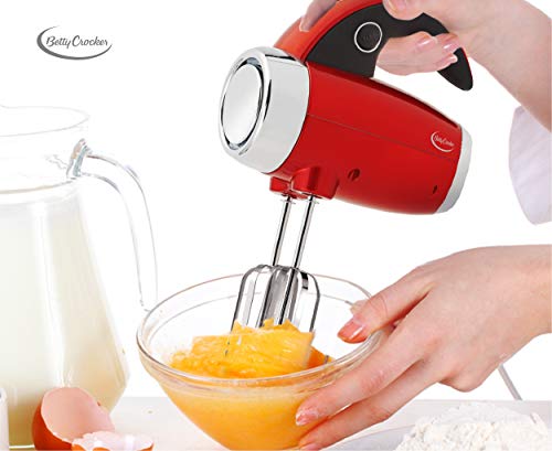 Betty Crocker 7 Speed Hand Mixer with Stand with Chrome Beater and Hooks, Metallic Red, BC-2208CMR, 6.06*8.66*6.65