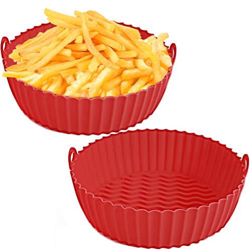 [ 2 Pack ] Air Fryer Silicone Liners 7.5 and 8.5 inch Reusable, for 3 to 8 Qt or Bigger Air fryer Oven, Resistant Air Fryer Basket Heat Pot Accessories Red