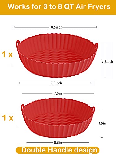 [ 2 Pack ] Air Fryer Silicone Liners 7.5 and 8.5 inch Reusable, for 3 to 8 Qt or Bigger Air fryer Oven, Resistant Air Fryer Basket Heat Pot Accessories Red