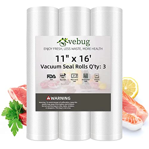 VEBUG Vacuum Sealer Bags, 3 Pack 11’’x16’Vacuum Sealer Bags Rolls, Seal a Meal, Commercial Grade, BPA-Free, Food Vac Bags for Storage, Meal Prep or Sous Vide