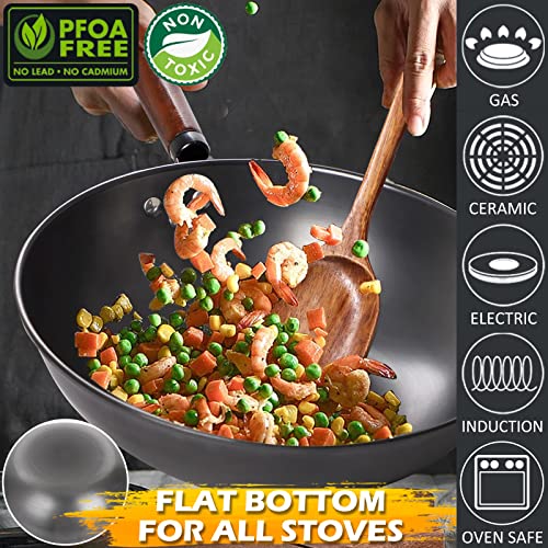 Clatine Carbon Steel Wok Pan, 13 Inch Wok and Stir-fry Pan, No Chemical Coated Wok Pan with Lid and Spatula, Nitrided Nonstick Chinese Wok with Flat Bottom for Induction, Electric and Gas Stove