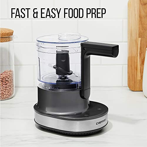 Chefman Electric 4-Cup Food Chopper Blender with Revolutionary Vertical Motion Auto-Chopping for Perfectly Even Mixing Results, Dishwasher-Safe Stainless Steel Dual Blades, BPA-Free Bowl & Lid, Grey