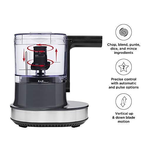 Chefman Electric 4-Cup Food Chopper Blender with Revolutionary Vertical Motion Auto-Chopping for Perfectly Even Mixing Results, Dishwasher-Safe Stainless Steel Dual Blades, BPA-Free Bowl & Lid, Grey