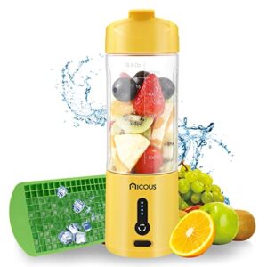 portable blender for shakes and smoothies, 18 oz personal blender with ice cube tray and cleaning brush, 6 blades water-proof type-c rechargeable fresh juice mini blender for travel, home, office (yellow)