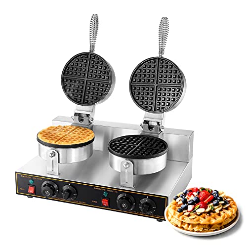 Dyna-Living Commercial Waffle Maker 2400W Double Heads Waffle Maker Non-stick Round Waffle Iron Maker Thicken Stainless Steel Home or Commercial Use Waffle Maker Machine for Restaurant or Bakery 110V