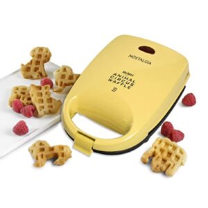 nostalgia mymini personal electric animal circus waffle maker, waffle iron makes cat, dog, elephant, lion, yellow