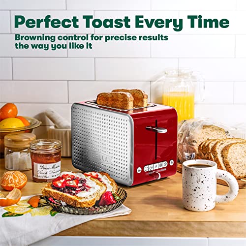 BELLA 2 Slice Toaster with Wide Slots, Touchscreen - Removable Crumb Tray, Adjustable Browning Control With Multiple Settings - Stainless Steel and Red