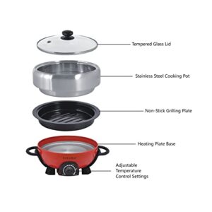 Tayama TRMC-40RS Shabu and Grill 3 Qt. Red Electric Multi-Cooker with Stainless Steel Pot