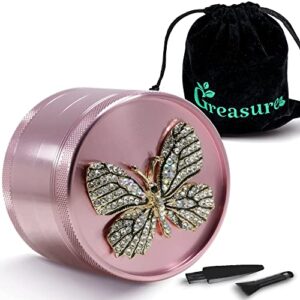 greasure butterfly pink grinder 2.5 inch – aluminum 4 piece cute spice grinder with velvet gift pouch bag, scraper and brush tools