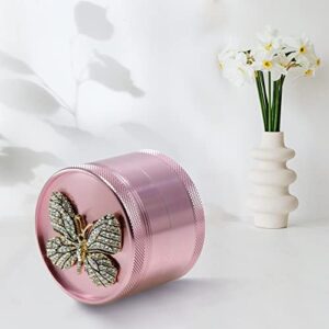 GREASURE Butterfly Pink Grinder 2.5 inch - Aluminum 4 Piece Cute Spice Grinder with Velvet Gift Pouch Bag, Scraper and Brush Tools