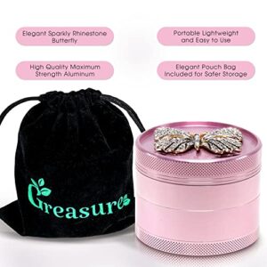 GREASURE Butterfly Pink Grinder 2.5 inch - Aluminum 4 Piece Cute Spice Grinder with Velvet Gift Pouch Bag, Scraper and Brush Tools