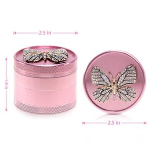 GREASURE Butterfly Pink Grinder 2.5 inch - Aluminum 4 Piece Cute Spice Grinder with Velvet Gift Pouch Bag, Scraper and Brush Tools