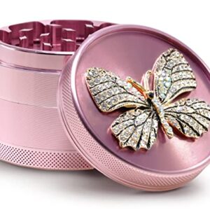 GREASURE Butterfly Pink Grinder 2.5 inch - Aluminum 4 Piece Cute Spice Grinder with Velvet Gift Pouch Bag, Scraper and Brush Tools