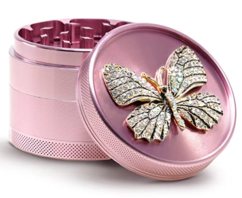 GREASURE Butterfly Pink Grinder 2.5 inch - Aluminum 4 Piece Cute Spice Grinder with Velvet Gift Pouch Bag, Scraper and Brush Tools