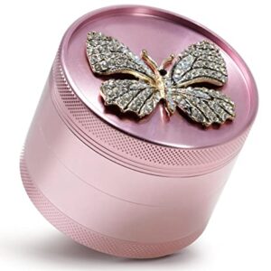 GREASURE Butterfly Pink Grinder 2.5 inch - Aluminum 4 Piece Cute Spice Grinder with Velvet Gift Pouch Bag, Scraper and Brush Tools