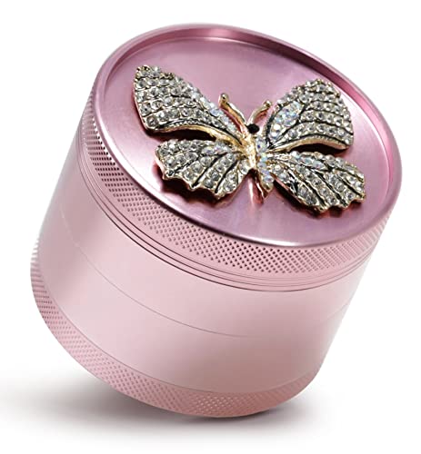 GREASURE Butterfly Pink Grinder 2.5 inch - Aluminum 4 Piece Cute Spice Grinder with Velvet Gift Pouch Bag, Scraper and Brush Tools