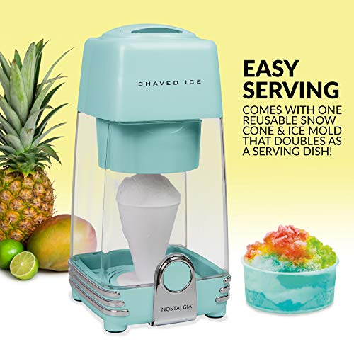 Nostalgia Retro Electric Table-Top Snow Cone Maker, Vintage Shaved Ice Machine Includes 1 Reusable Plastic Cup and Ice Mold, Aqua