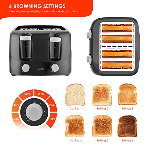 DECAKILA Toaster 4 Slice, Wide Slot Toaster with 6 Toast Settings, Removable Crumb Trays, 1400W, Black, KUTS003W