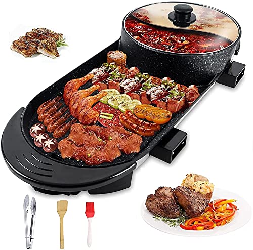 Electric Grill Hot Pot 2 in 1,Multifunctional Smokeless Grill Indoor Teppanyaki Grill/Shabu Shabu Pot with Divider - Separate Dual Temperature Contral, Non-Stick Pan BBQ Capacity for 2-12 People,110V (Black3.0)