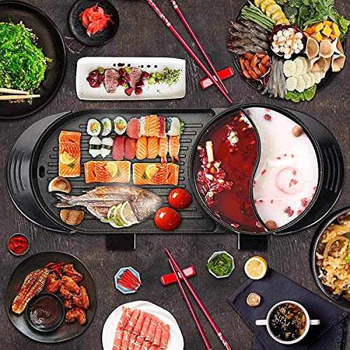 Electric Grill Hot Pot 2 in 1,Multifunctional Smokeless Grill Indoor Teppanyaki Grill/Shabu Shabu Pot with Divider - Separate Dual Temperature Contral, Non-Stick Pan BBQ Capacity for 2-12 People,110V (Black3.0)