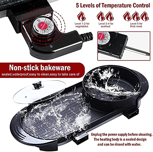 Electric Grill Hot Pot 2 in 1,Multifunctional Smokeless Grill Indoor Teppanyaki Grill/Shabu Shabu Pot with Divider - Separate Dual Temperature Contral, Non-Stick Pan BBQ Capacity for 2-12 People,110V (Black3.0)