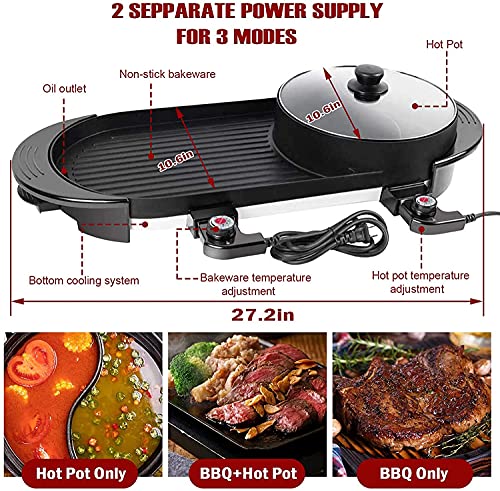 Electric Grill Hot Pot 2 in 1,Multifunctional Smokeless Grill Indoor Teppanyaki Grill/Shabu Shabu Pot with Divider - Separate Dual Temperature Contral, Non-Stick Pan BBQ Capacity for 2-12 People,110V (Black3.0)