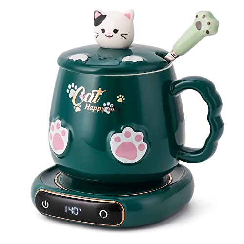 Bgbg Coffee Mug Warmer & Cute Cat Mug Set, Beverage Cup Warmer for Desk Home Office with Three Temperature Up to 140℉/ 60℃, Coffee Warmer for Cocoa Milk Tea Water Candle, 8 Hours Auto Shut Off