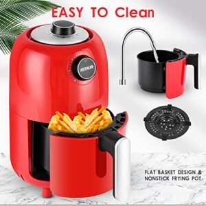 iRUNTEK Mini Compact Air Fryer, 1.3Qt Small Air Fryer with Recipe Book and 50pcs Parchment Paper Liners, User Friendly, Dual Knob Control, Non-Stick, Red