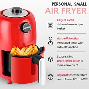 iRUNTEK Mini Compact Air Fryer, 1.3Qt Small Air Fryer with Recipe Book and 50pcs Parchment Paper Liners, User Friendly, Dual Knob Control, Non-Stick, Red