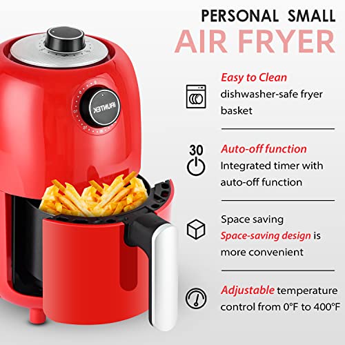 iRUNTEK Mini Compact Air Fryer, 1.3Qt Small Air Fryer with Recipe Book and 50pcs Parchment Paper Liners, User Friendly, Dual Knob Control, Non-Stick, Red