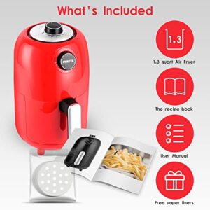 iRUNTEK Mini Compact Air Fryer, 1.3Qt Small Air Fryer with Recipe Book and 50pcs Parchment Paper Liners, User Friendly, Dual Knob Control, Non-Stick, Red