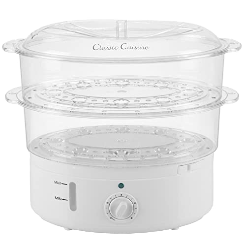 Classic Cuisine Food Steamer and Rice Cooker in one, Two-Tier Food Steamer for Healthy Meals anytime, cooks Vegetables, Fish, Dumplings, Eggs and more, 6.3 QT, Clear