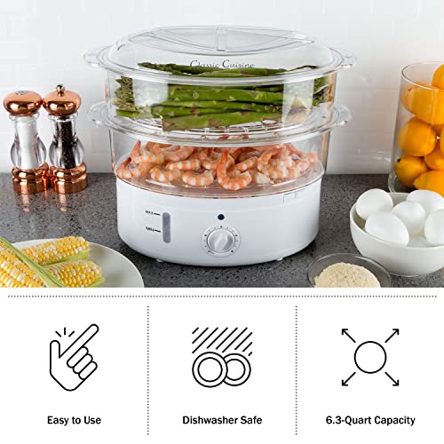 Classic Cuisine Food Steamer and Rice Cooker in one, Two-Tier Food Steamer for Healthy Meals anytime, cooks Vegetables, Fish, Dumplings, Eggs and more, 6.3 QT, Clear