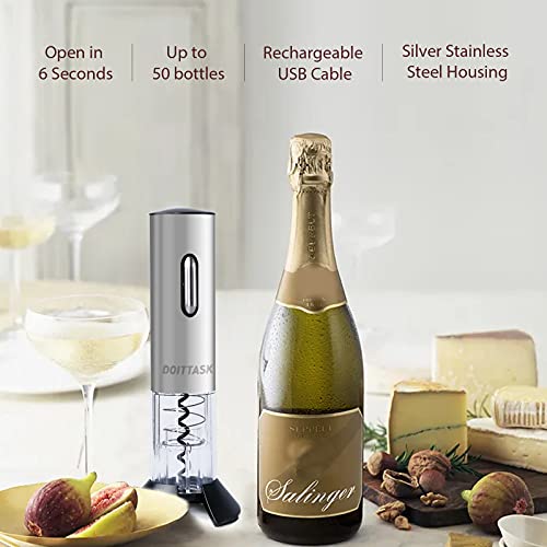 DOITTASK Wine Opener, Electric Automatic Corkscrew, Rechargeable Cordless Wine Bottle Openers with Foil Cutter and USB Charging Cable for Wine Lover Gift Set (Stainless Steel)