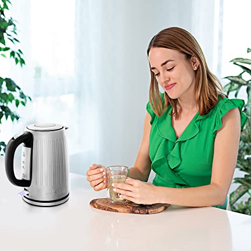 Ovente Stainless Steel Electric Kettle Hot Water Boiler 1.7 Liters - Powerful 1750W BPA Free w/ Auto Shut Off & Boil Dry Protection, Portable Instant Hot Water Pot for Coffee & Tea - Silver KS711S