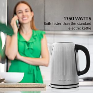 Ovente Stainless Steel Electric Kettle Hot Water Boiler 1.7 Liters - Powerful 1750W BPA Free w/ Auto Shut Off & Boil Dry Protection, Portable Instant Hot Water Pot for Coffee & Tea - Silver KS711S