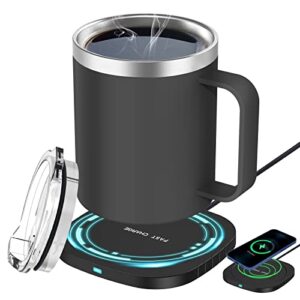 coffee mug warmer & mug set,self heating mug with wireless smart charging,304 stainless steel mug with lid 12 oz,perfect for desktop home office,gift for coffee lovers, keeps up to 131°f/55°c (black)